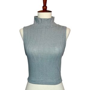 Tops | Grayish Blue High Neck Ribbed Knit Sleeveless Crop Top | Poshmark